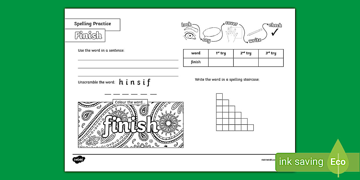 Finish Spelling Practice Worksheet (teacher made) - Twinkl