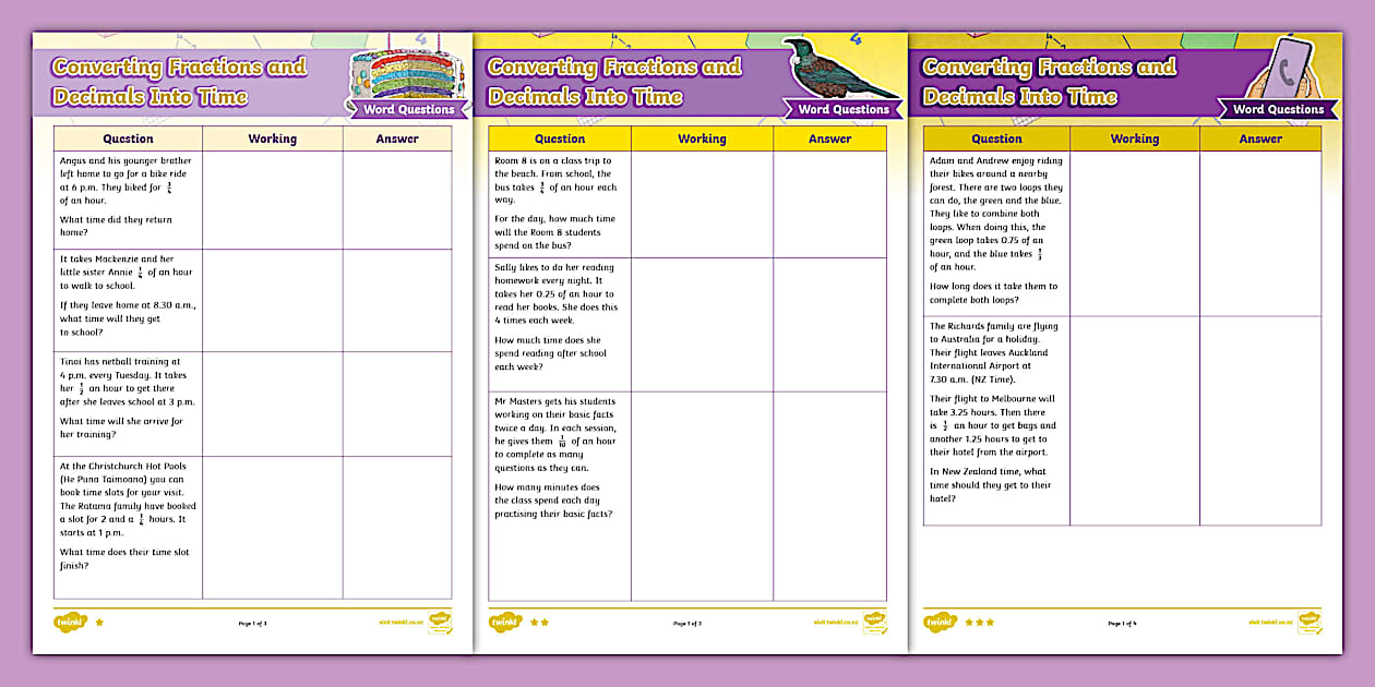 Converting Fractions and Decimals into Time Amounts Word Questions
