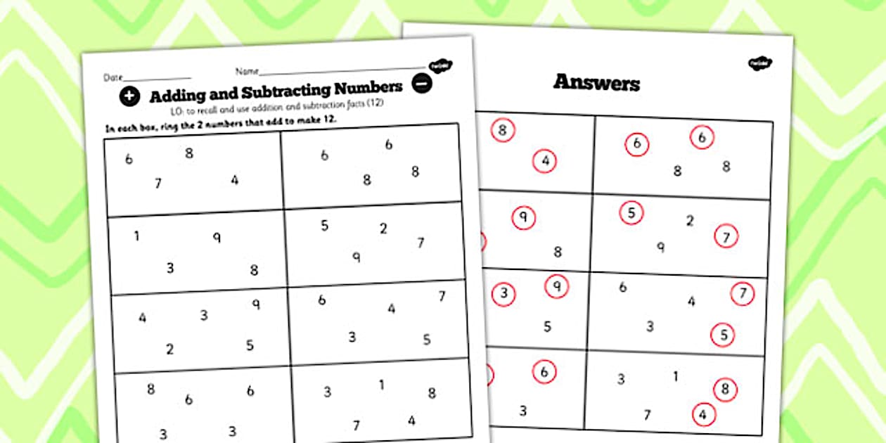 Number Facts to 20 Find Pairs to 12 Worksheet (Teacher-Made)