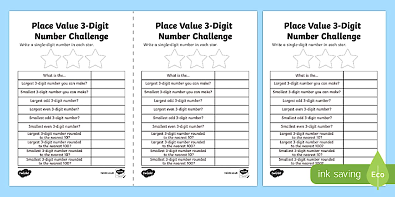 Cursive Place Value 3-Digit Number Challenge Worksheet