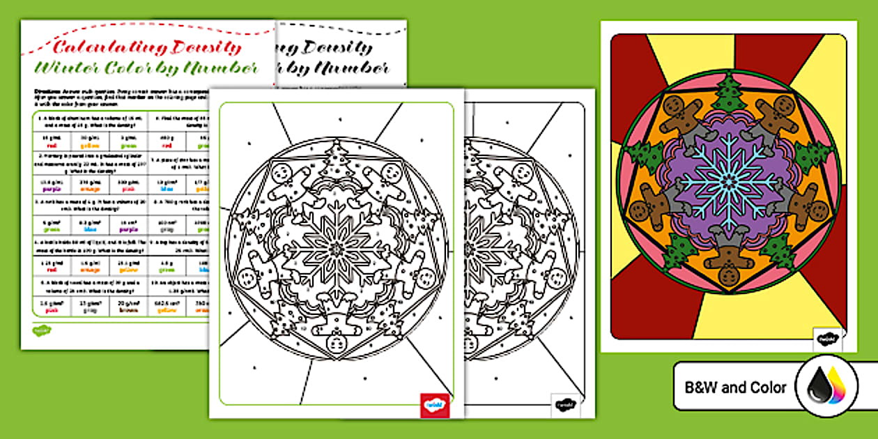 Eighth Grade Calculating Density Color by Number Winter Worksheet