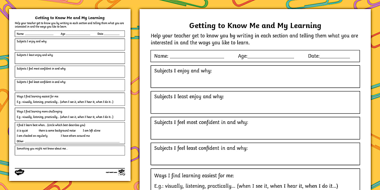 Getting to Know Me and My Learning Activity Sheet - Twinkl