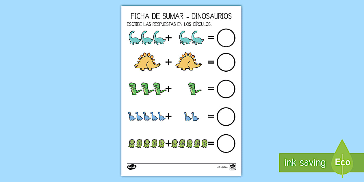Ficha de sumar hasta 10: Dinosaurios - Twinkl