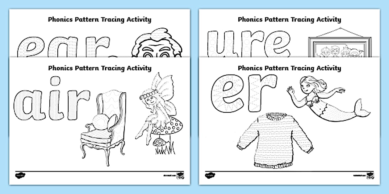 ear, air, ure, er Phase 3 Phonics Pattern Tracing Activity
