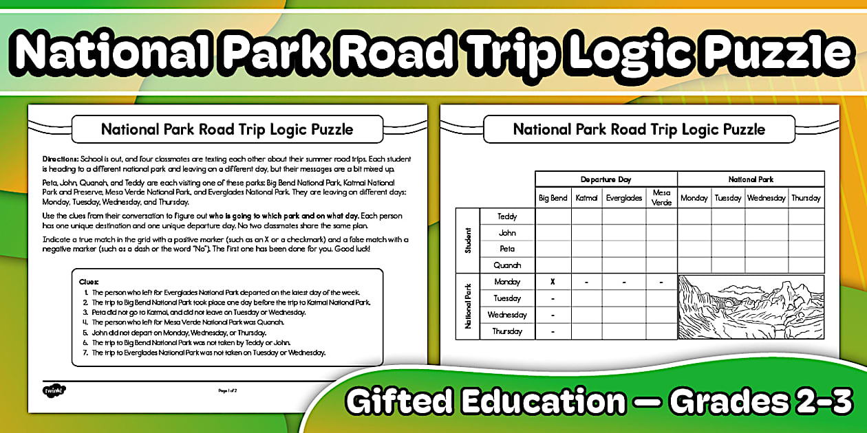National Park Road Trip Logic Puzzle for Gifted Education