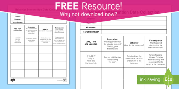FREE Behavior Intervention Plan Data Collection Form