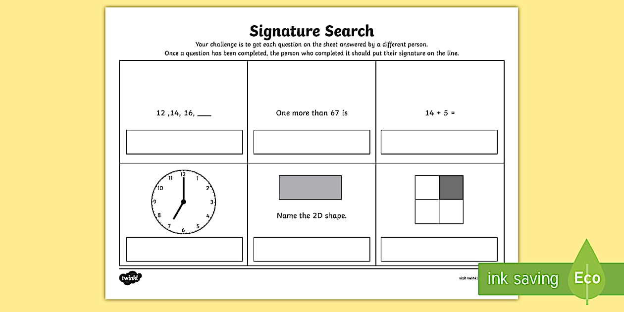 Year 1 Signature Search Maths Worksheet / Worksheet - Twinkl