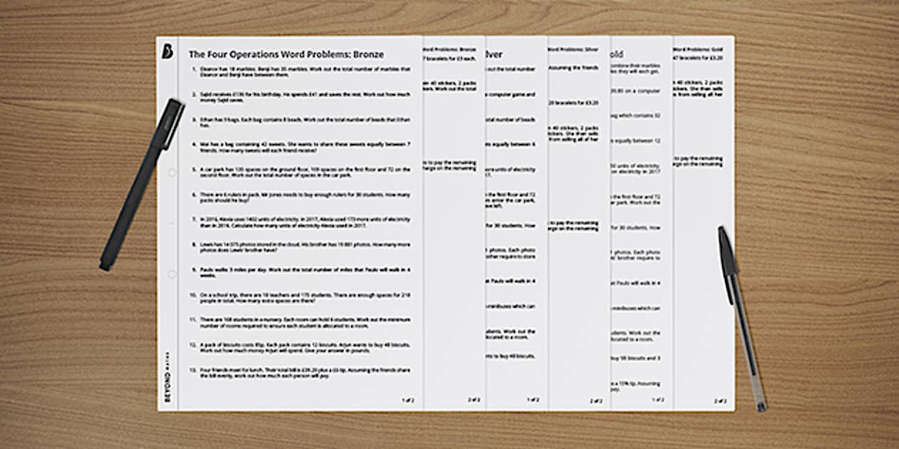 👉 The Four Operations: Worded Problems Worksheets