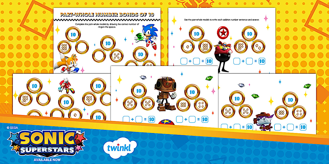 FREE! - Sonic: Part-Whole Number Bonds of 10 Worksheet for K-2nd Grade