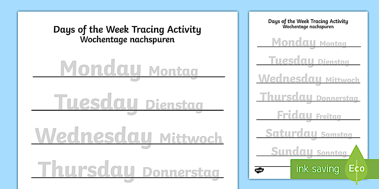 Days of the Week Tracing Activity English/German - Days of the Week Tracing