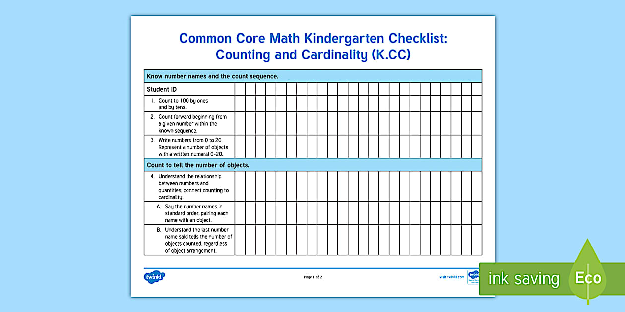 Common Core Math Kindergarten Standards Student Mastery Checklist