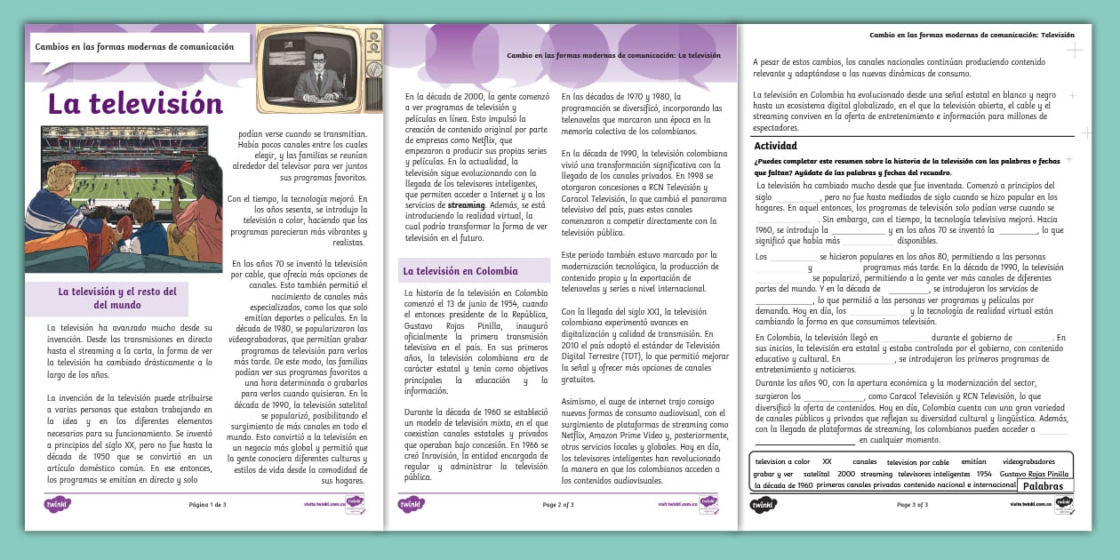 Guía de lectura - Cambios en la televisión - Twinkl Colombia