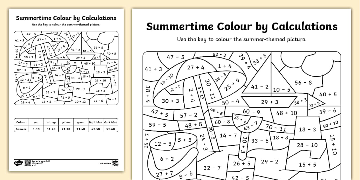 Summer-Themed Colour by Calculations Worksheet - Twinkl