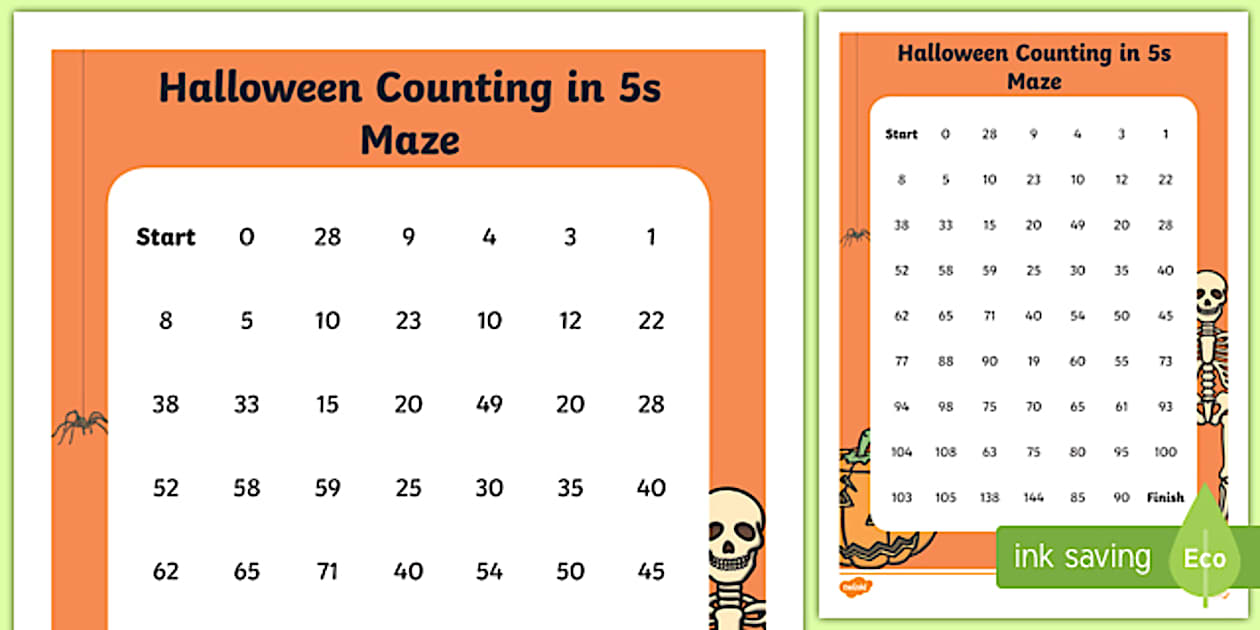 Black and White Halloween Themed Counting in 5s Maze Worksheet