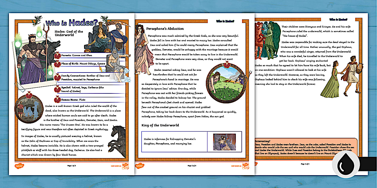 Hades Greek God Intermediate Reading Comprehension - Twinkl