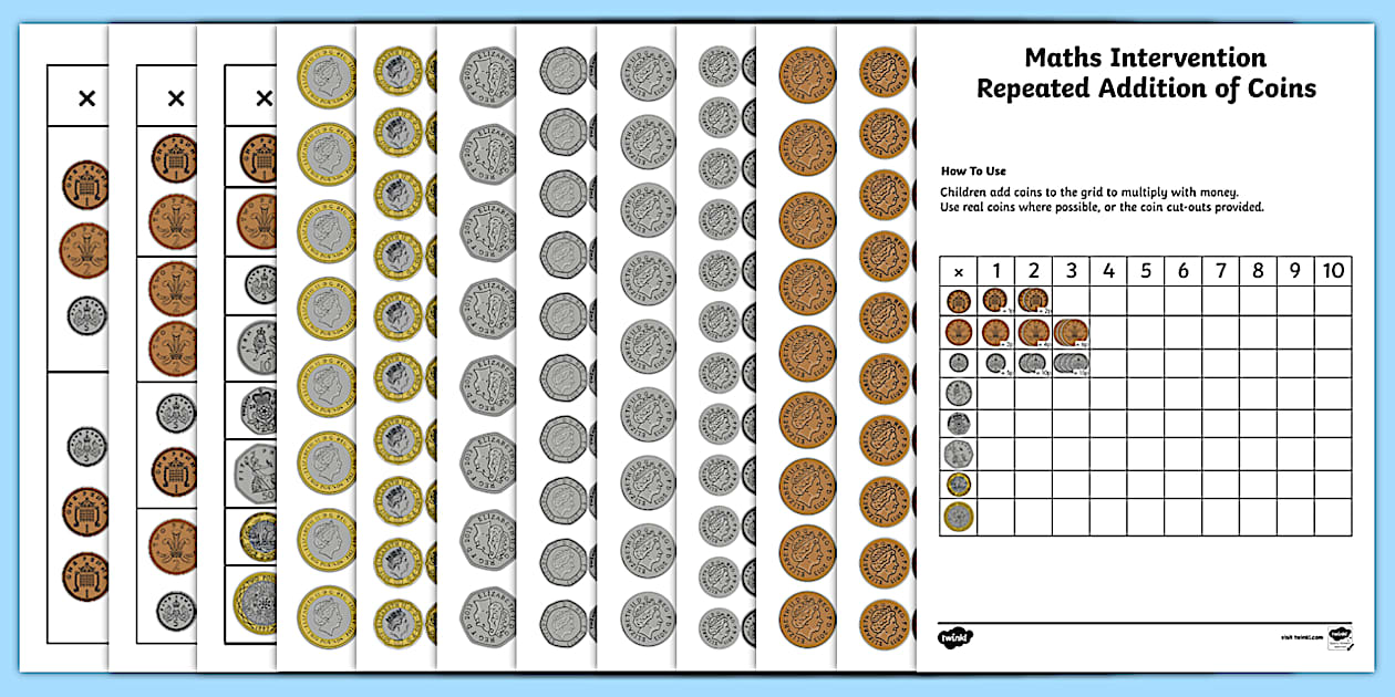 Maths Intervention Repeat Addition of Coins Grid - Twinkl
