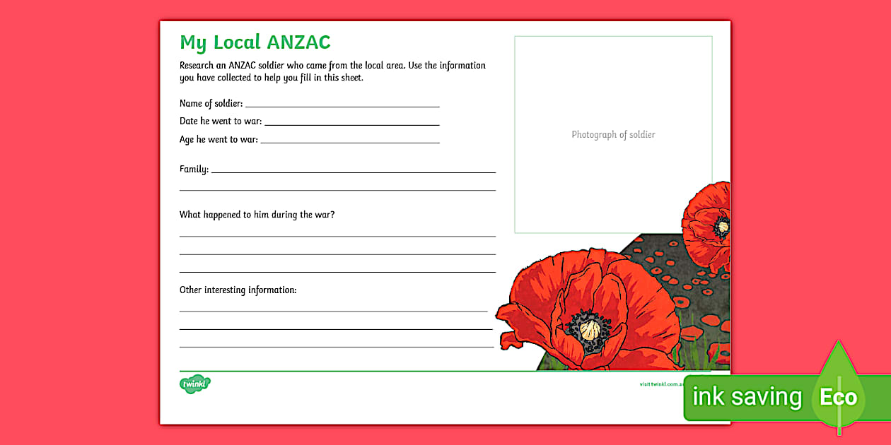 Local Anzac Research Worksheet (teacher made) - Twinkl