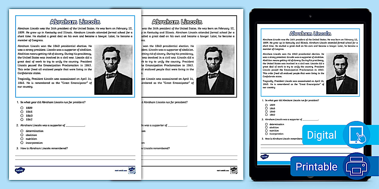 Fourth Grade Abraham Lincoln Reading Comprehension - Twinkl