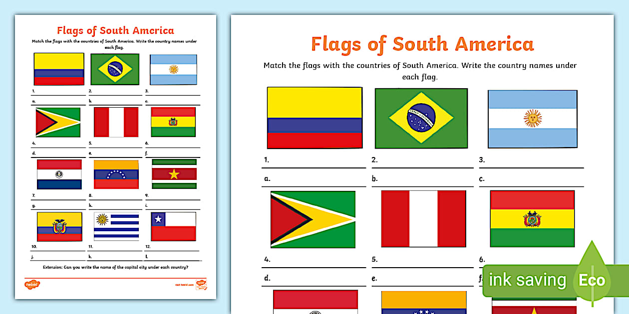 Flags of South America Worksheet - KS2 - Geography - Twinkl