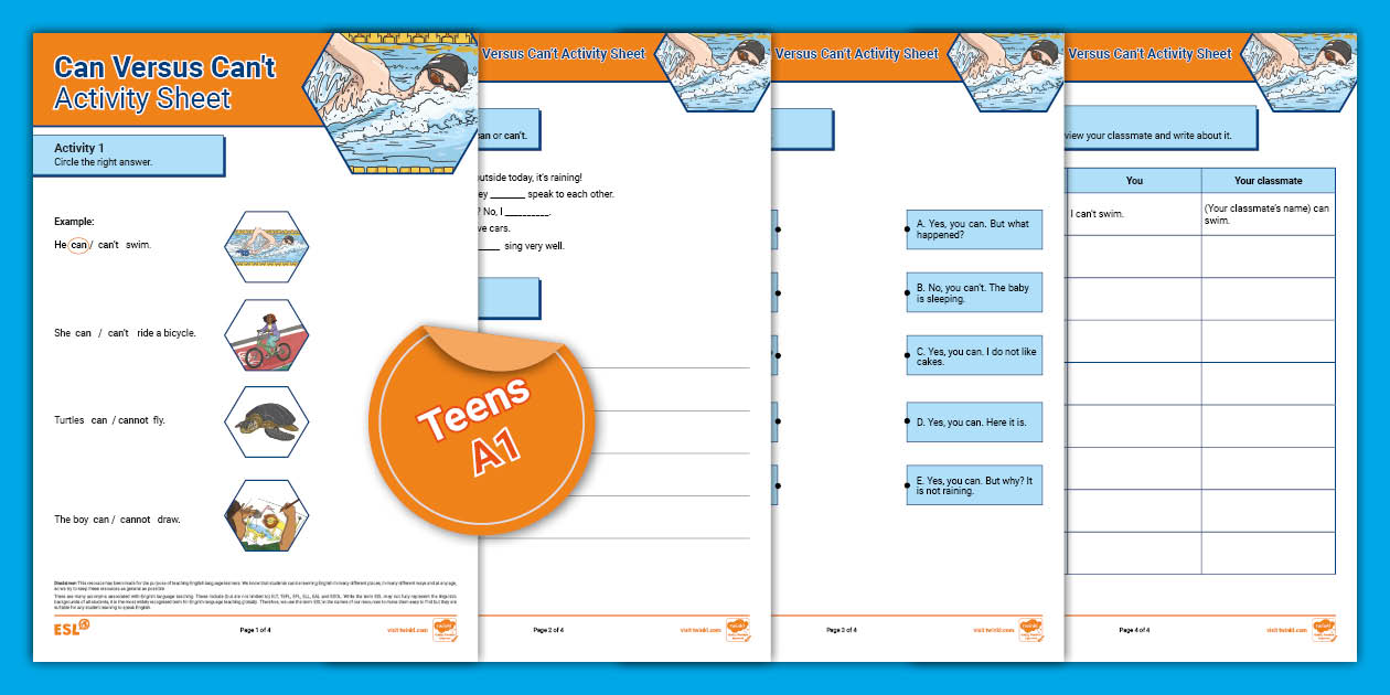 ESL Can Versus Can't Activity Sheet [Teens, A1]