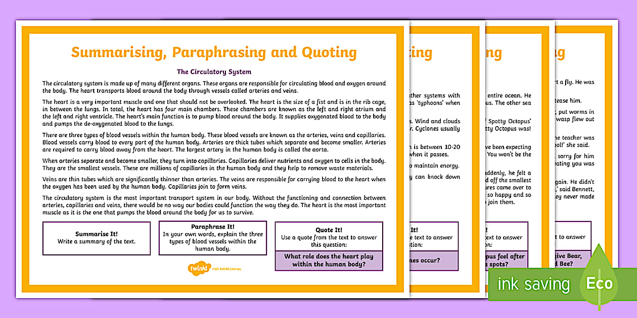 Summarising, Paraphrasing and Quoting Task Cards - Twinkl