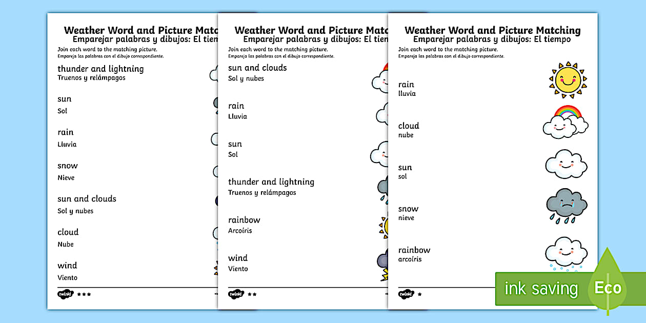 Weather Word and Picture Matching Worksheet / Worksheet English/Spanish