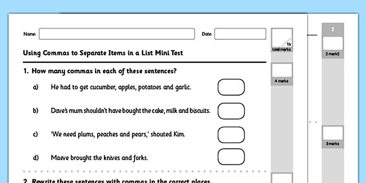 Editable Using Commas to Separate Items in a List Mini Test