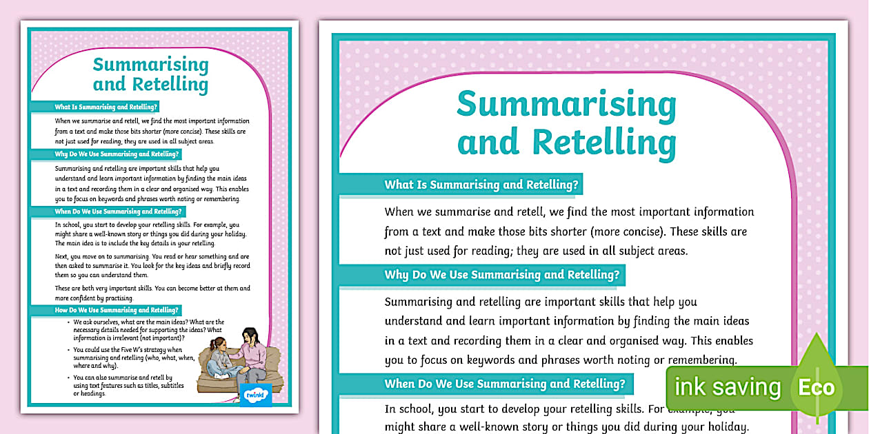 Reading Comprehension Skills: Summarising and Retelling Poster (Year 5-6)
