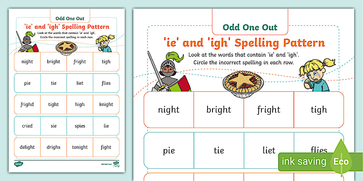 'ie' and 'igh' Spelling Odd One Out Worksheet (teacher made)