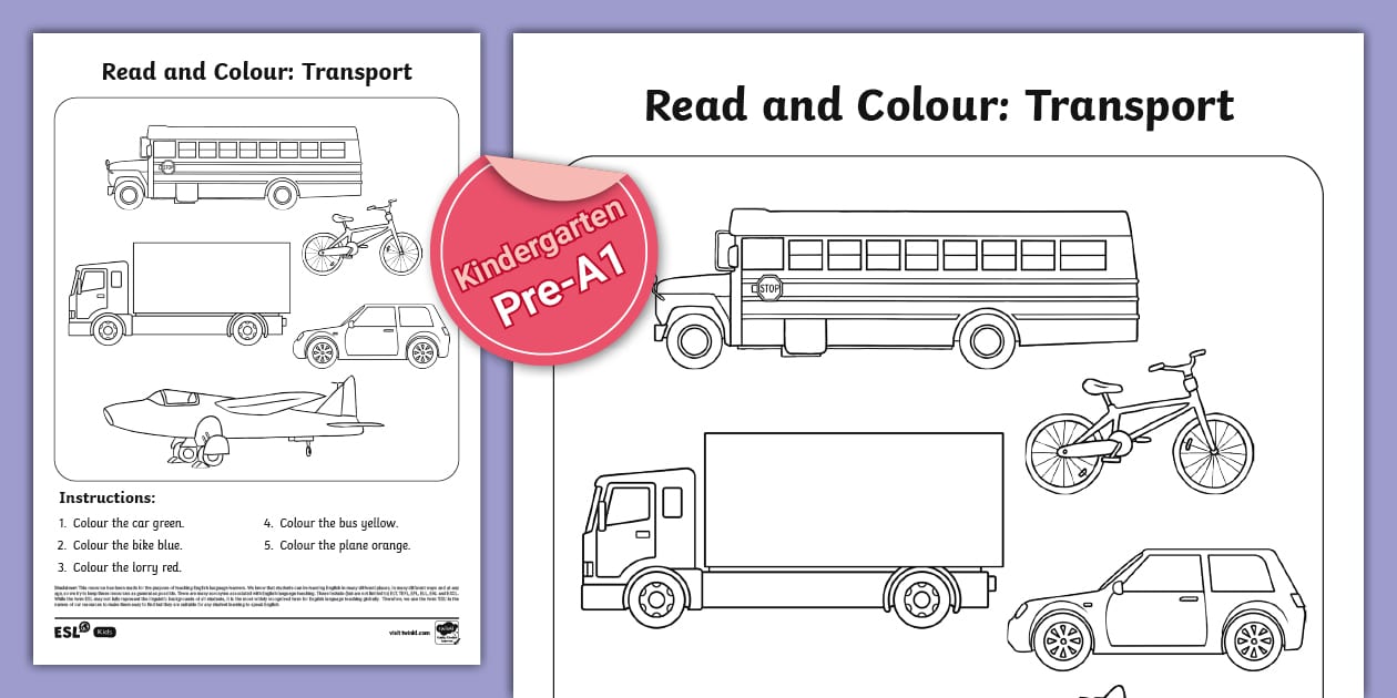 ESL Read and Colour: Transport Activity Sheet (Teacher-Made)