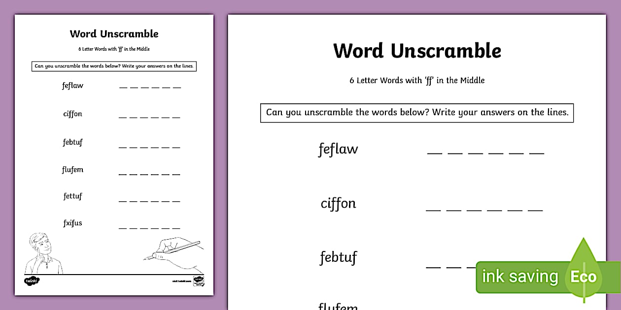 Unscramble the 6 Letter Words with 'ff' in the Middle Worksheet
