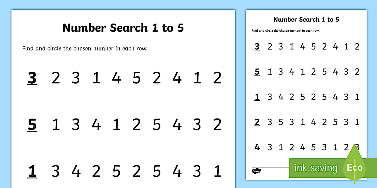 Junior Infants Number Search 1 5 Worksheet / Worksheet