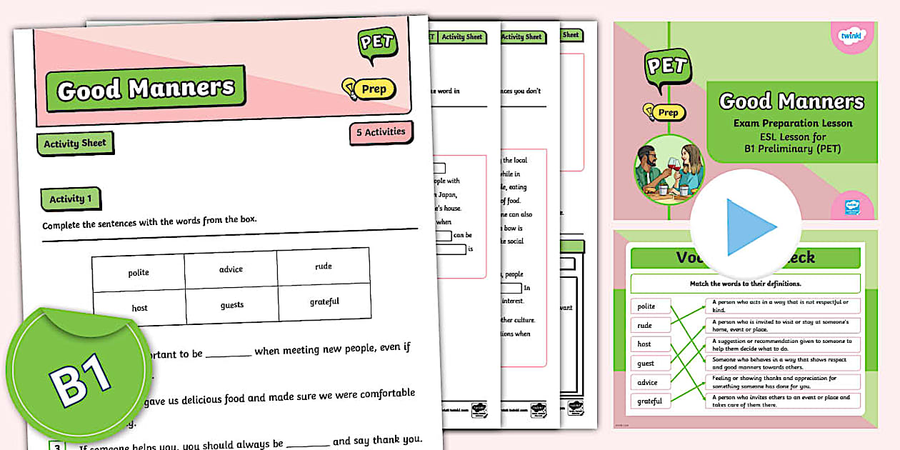 B1 Preliminary (PET) - Good Manners Lesson - Twinkl