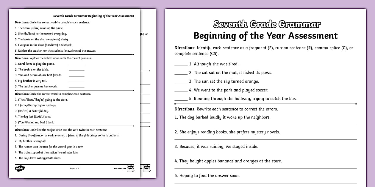 Seventh Grade Beginning of the Year ELA Grammar Assessment