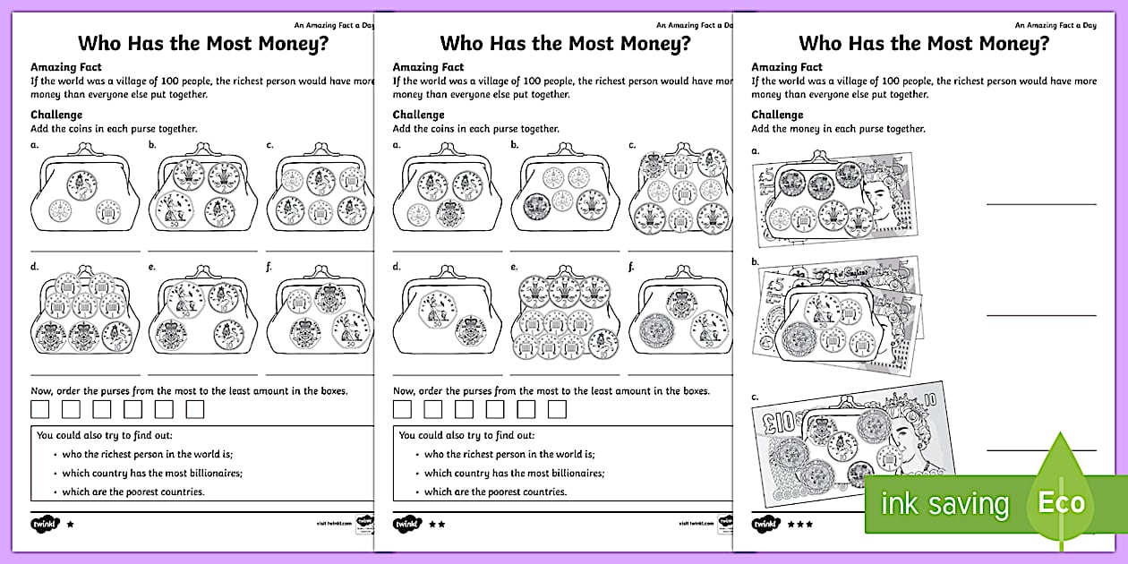 Who Has the Most Money? Money questions KS1 Worksheet