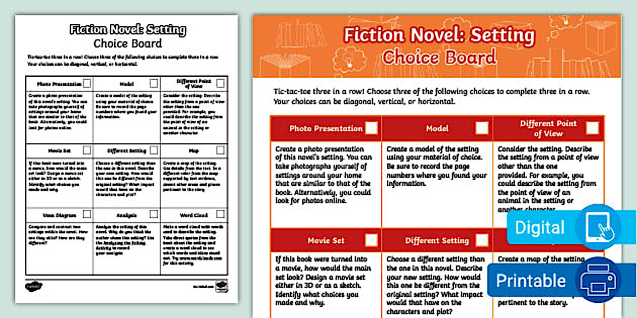 Fiction Novel: Setting Choice Board (Teacher-Made) - Twinkl