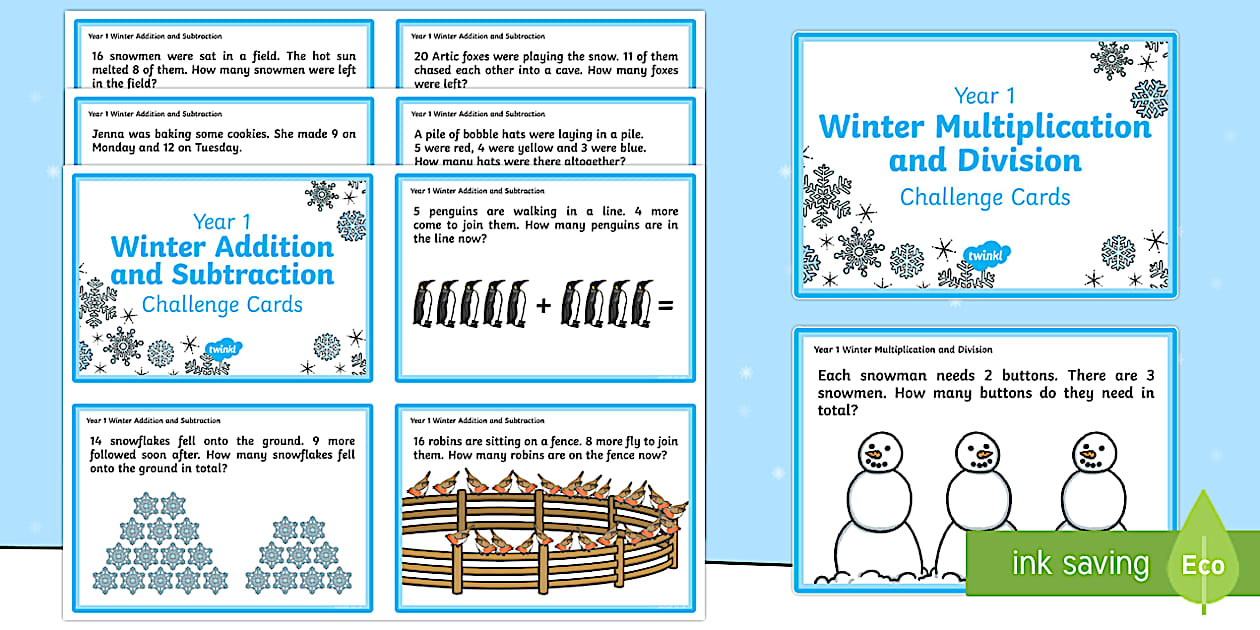Year 1 Winter Themed Maths Challenge Cards (teacher made)