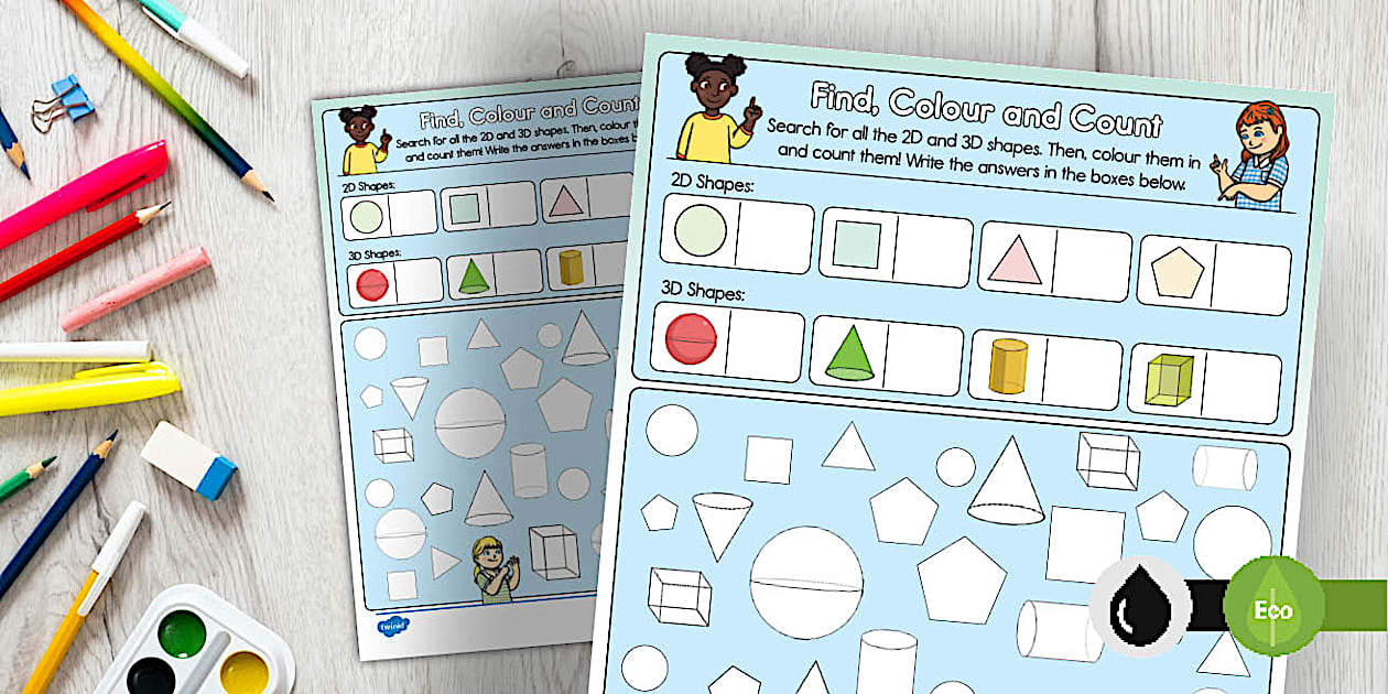 2D and 3D Shapes Find, Colour and Count Activity - Twinkl