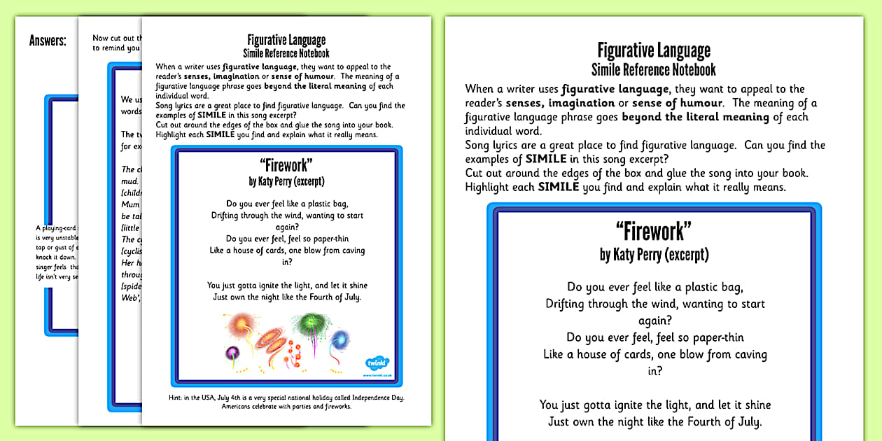 Y5 6 Figurative Language Activity and Reference Sheet Simile