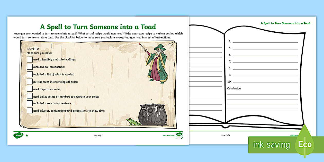 KS2 Writing a Spell to Turn Someone into a Toad Differentiated Worksheet