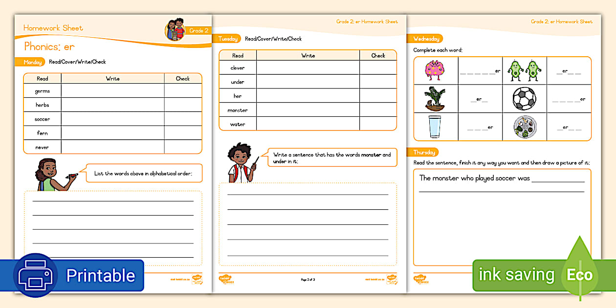 Grade 2 Phonics: -er Homework Sheet (teacher made) - Twinkl