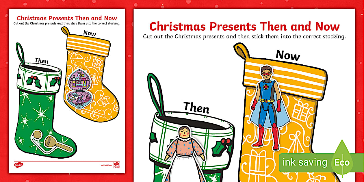 Black and White Christmas Presents Then and Now Cut and Stick Activity