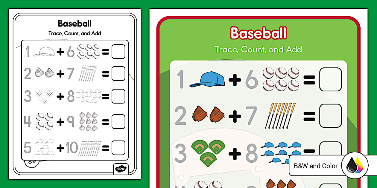 Kindergarten Baseball Trace, Count, and Add Worksheet