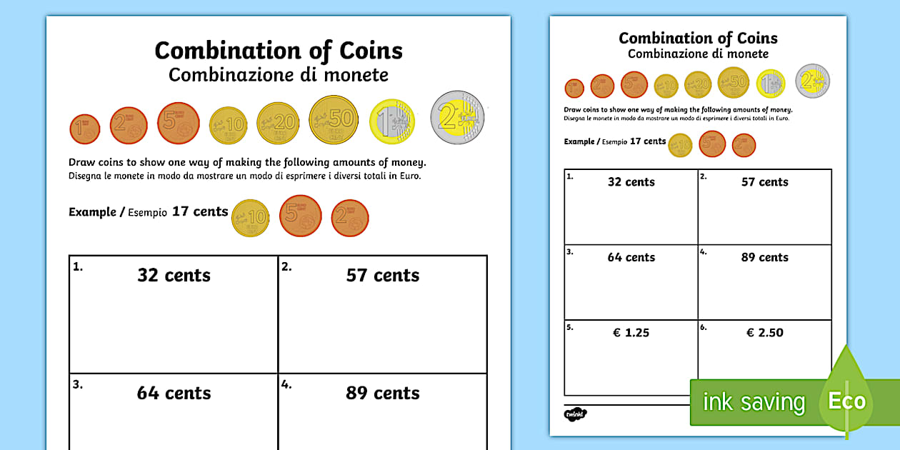 Euros Combination of Coins Worksheet / Worksheet English/ Italian