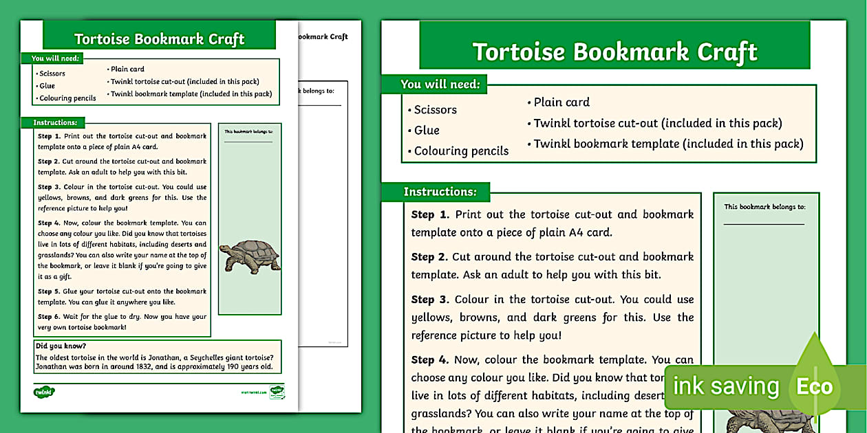 Tortoise Bookmark Craft Activity (teacher made) - Twinkl