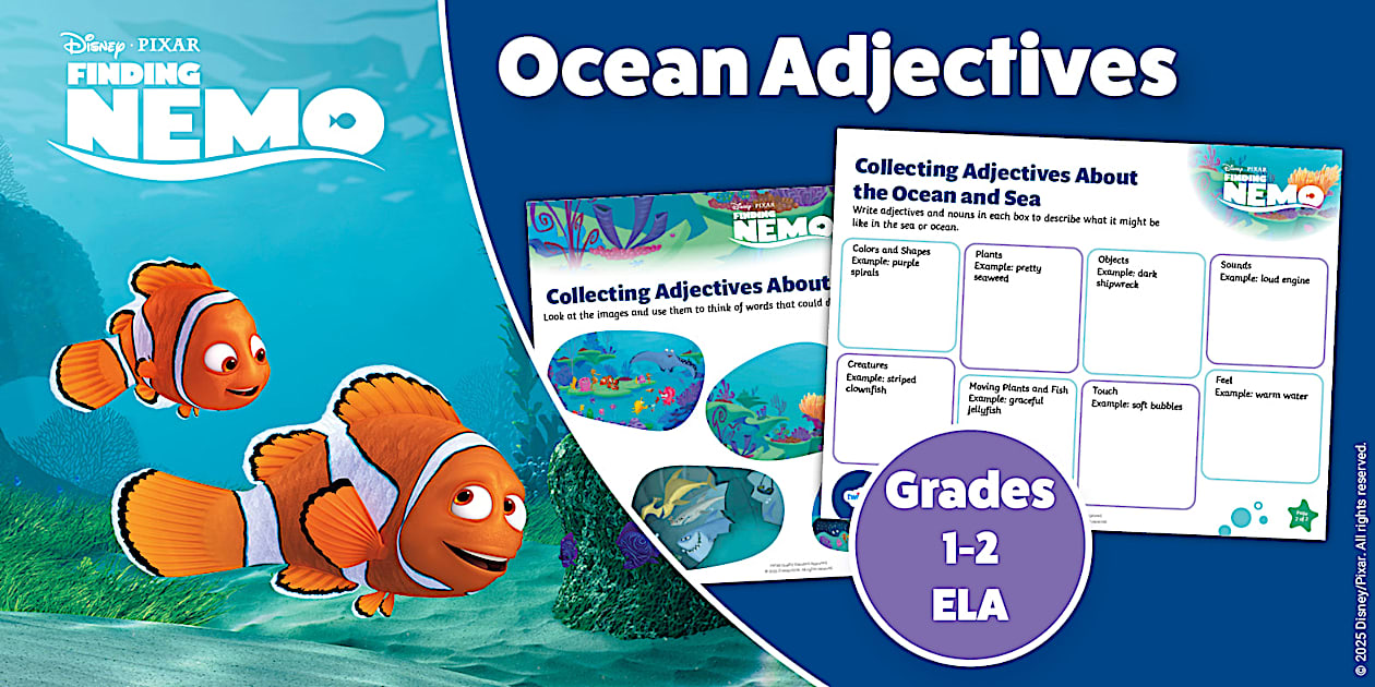 Finding Nemo: Ocean Adjectives Worksheet for 1st-2nd Grade