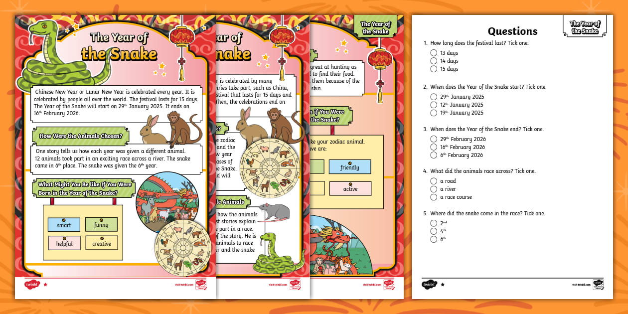 KS1 The Year of the Snake │Comprehension Reading Activity