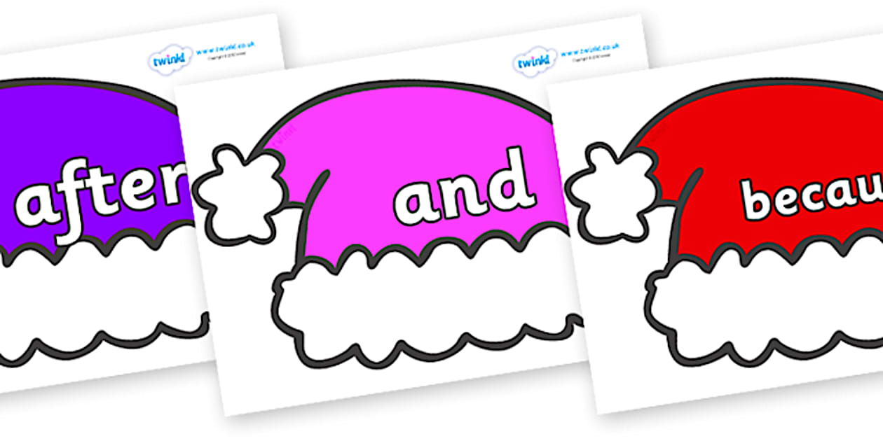 Cursive Connectives on Santa Hats (teacher made) - Twinkl