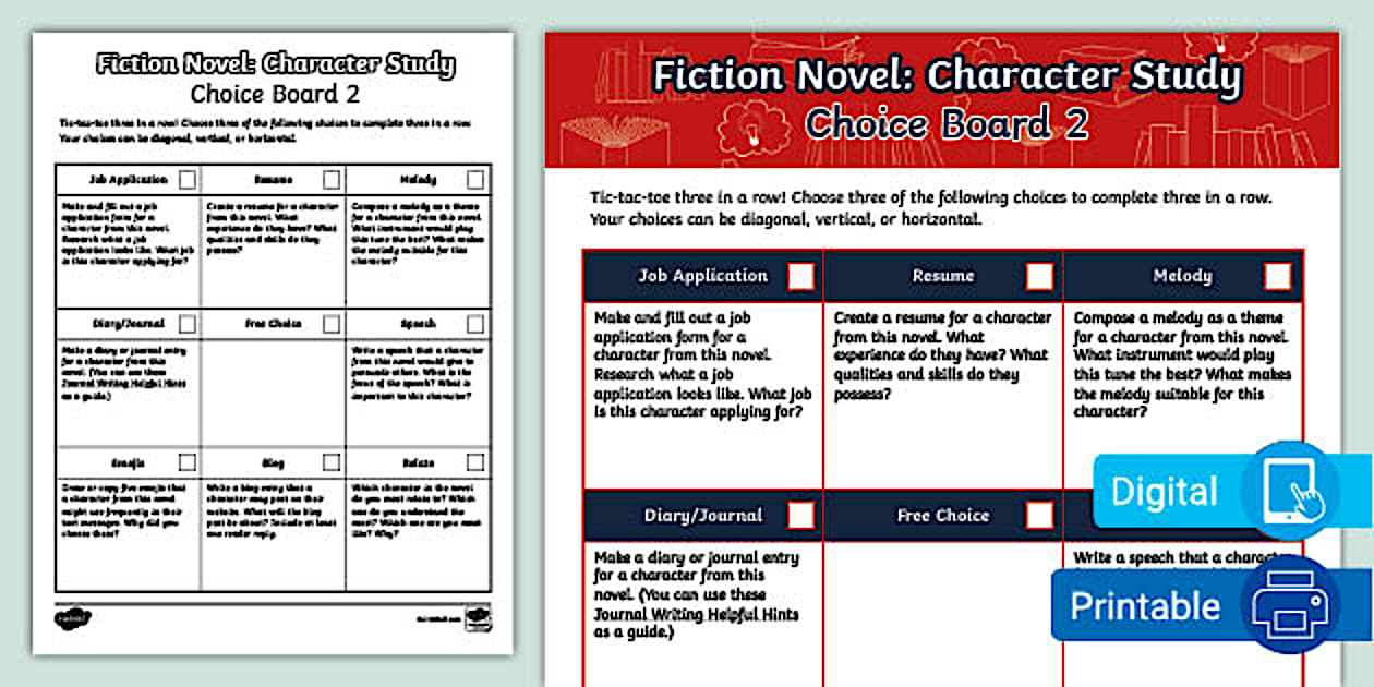 Fiction Novel: Character Study Choice Board - Volume 2
