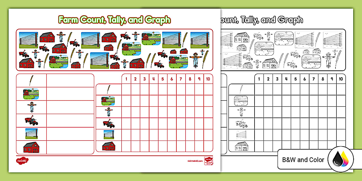 First Grade Farm Count, Tally, and Graph Activity Sheet